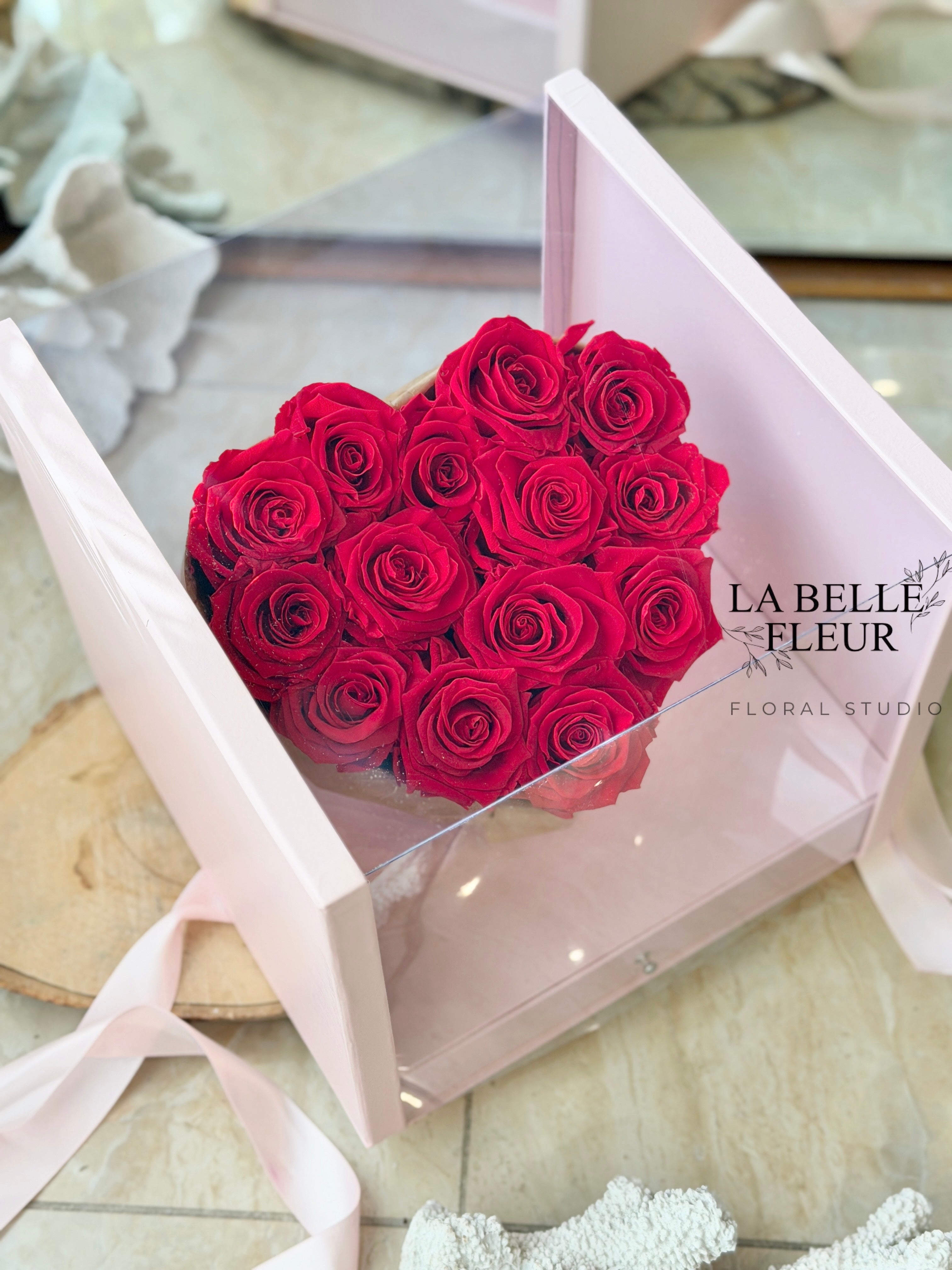 Preserved Heart Clear Square Flower Box with Drawer (14Rose)